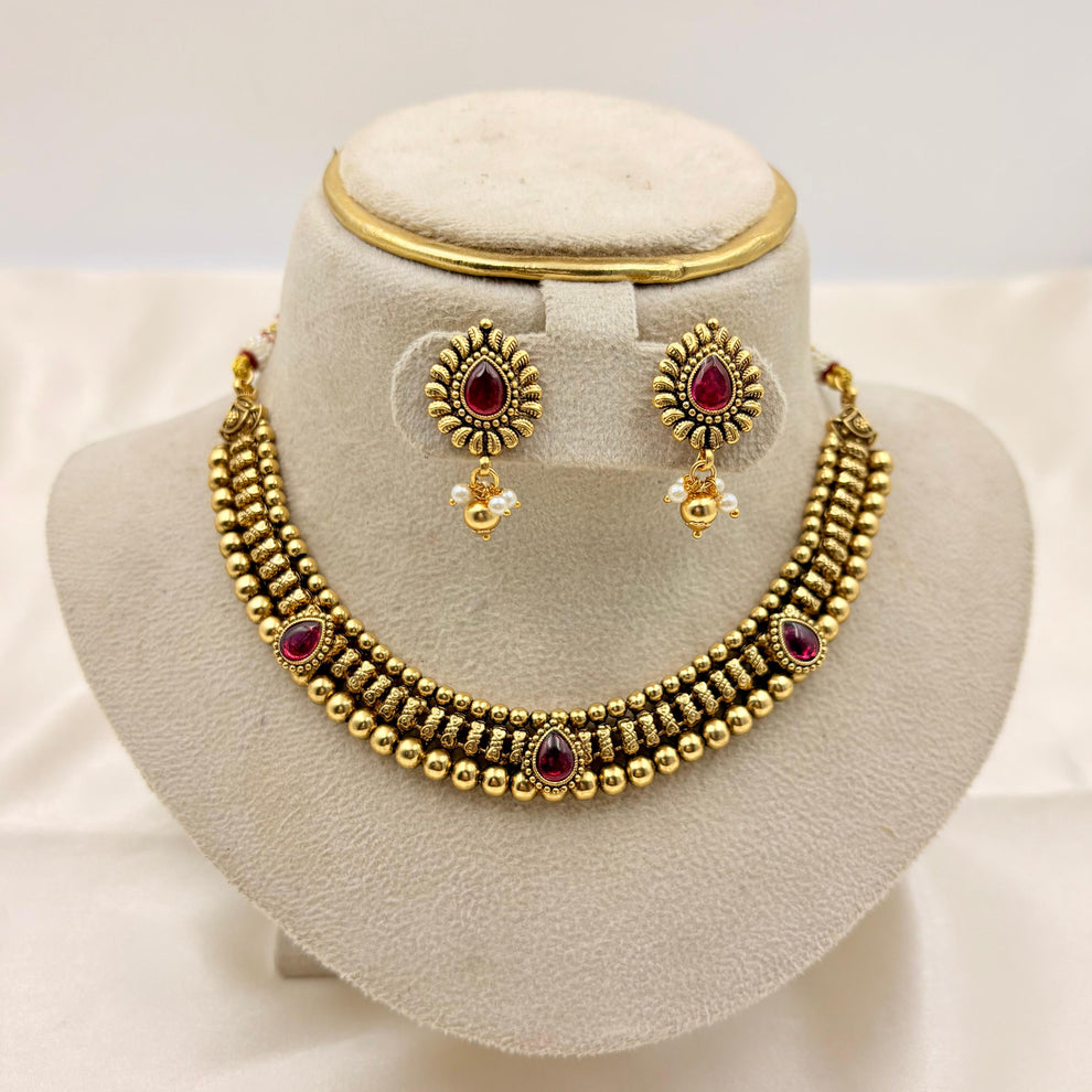 Antique Gold Ruby Stone Necklace Set with Pearl Drops | Traditional Br ...
